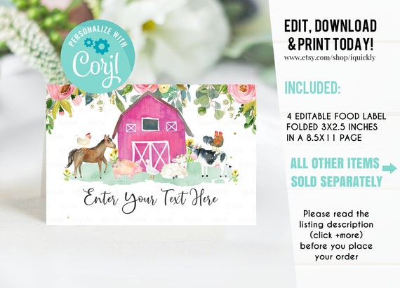 EDITABLE Farm Food tags, Buffet label Girl Baby Shower, Tent card Food ...