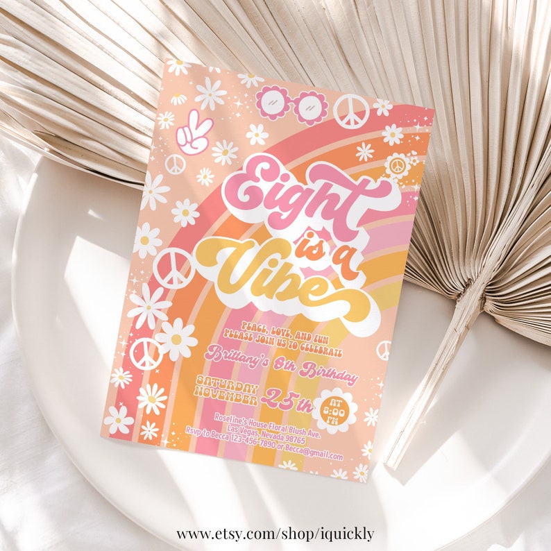 Editable Groovy 8th Birthday Invitation EDITABLE Eight is a Vibe Daisy ...
