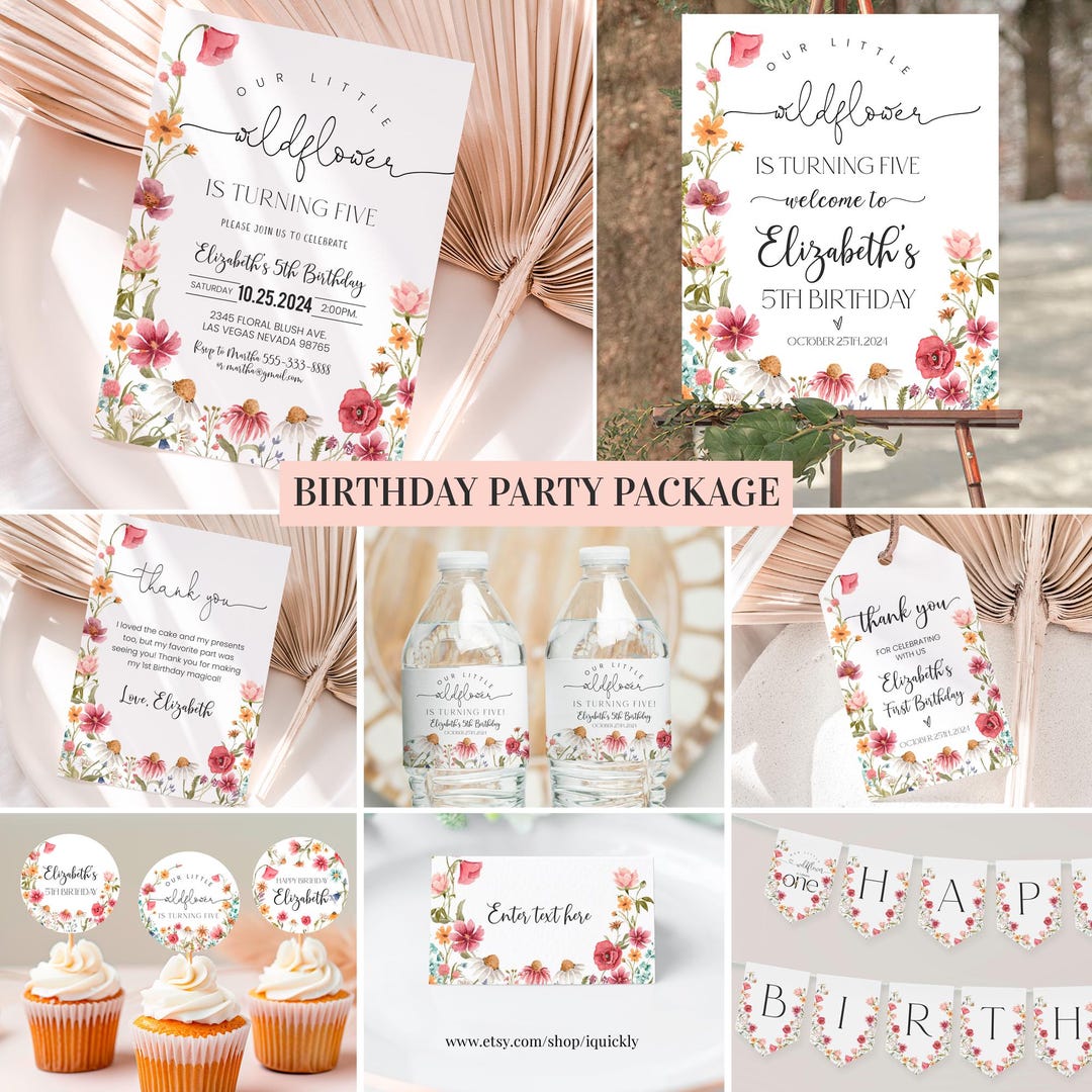 Wildflower Birthday Bundle Editable Any Age Garden Party Package Pack ...