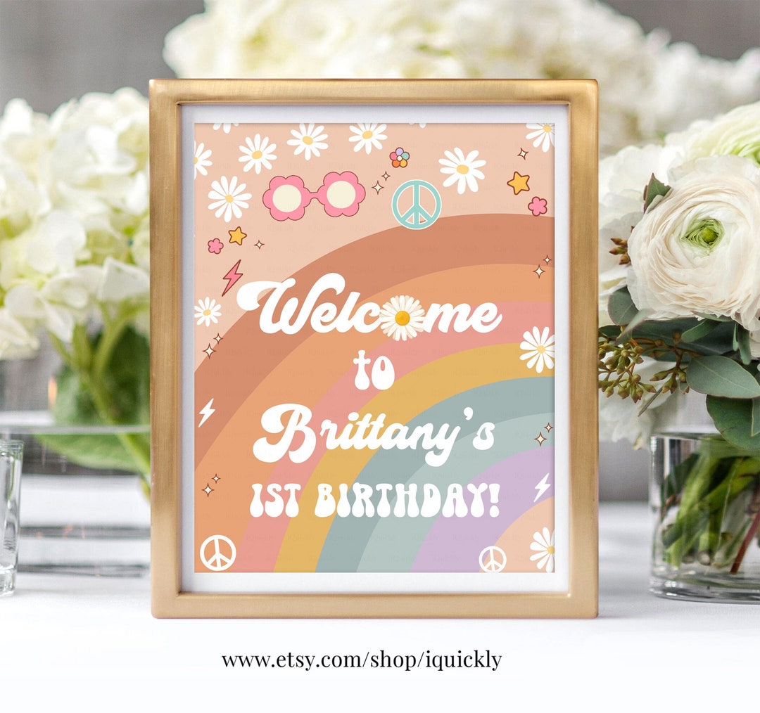 Editable Groovy Welcome Sign Daisy Party Sign Welcome Hippie Retro ...