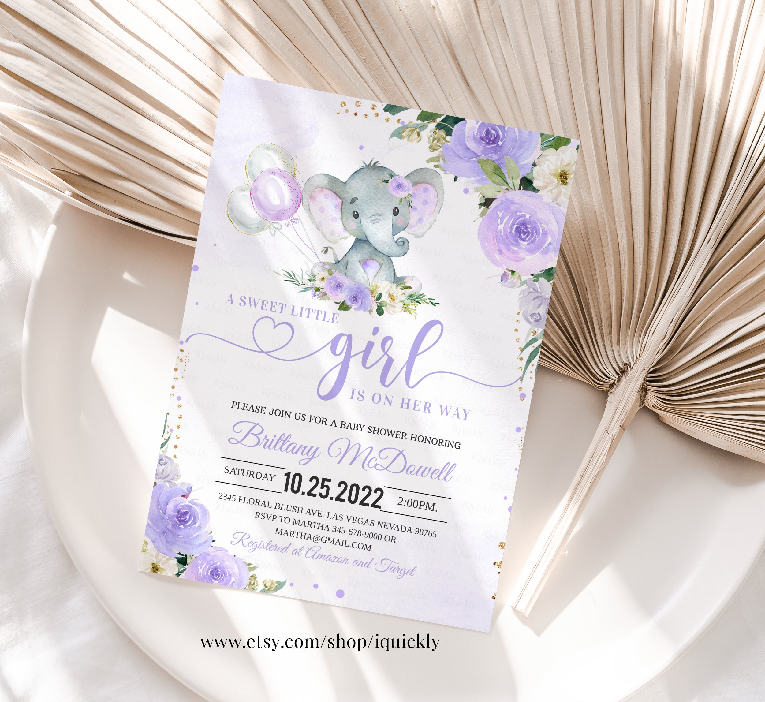 EDITABLE Purple Elephant Baby Shower Invitation Girl Baby Shower ...