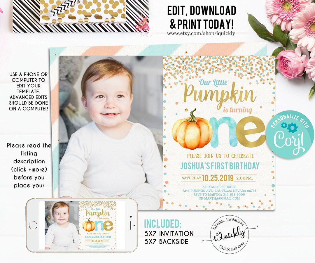 Editable Pumpkin First Birthday Invitation Little Pumpkin - Etsy