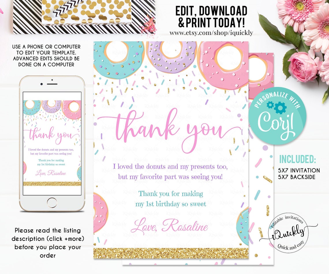 EDITABLE Donut Thank You Card, Doughnut Girl Note Card, Donut Grown Up ...