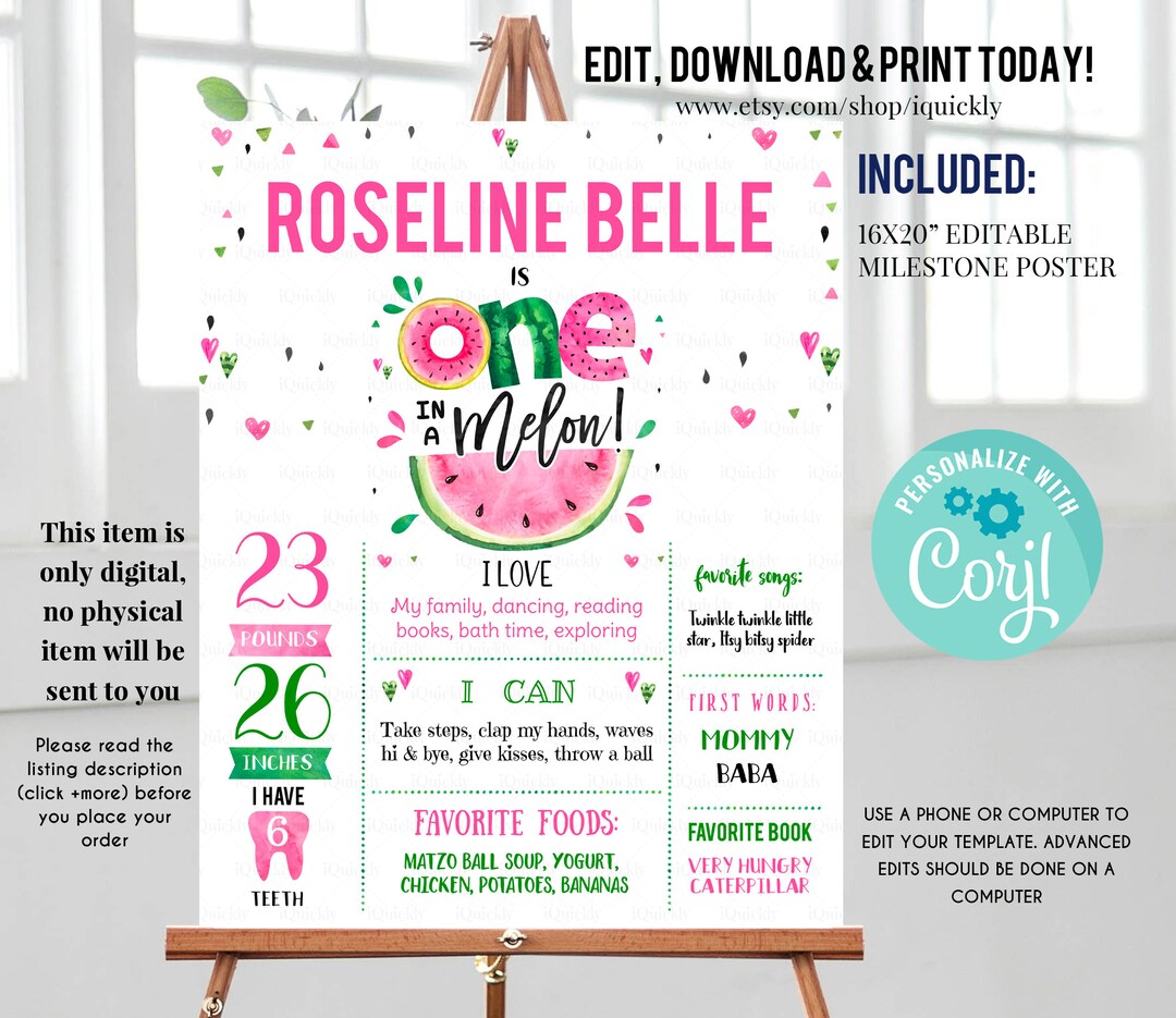 Watermelon Milestone Birthday Poster, EDITABLE First Birthday ...