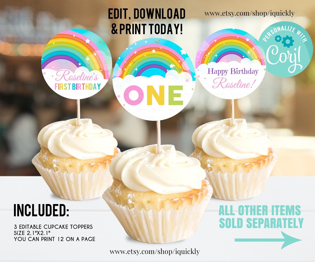 EDITABLE Rainbow Cupcake Toppers, Girl Party Decorations, Rainbow ...