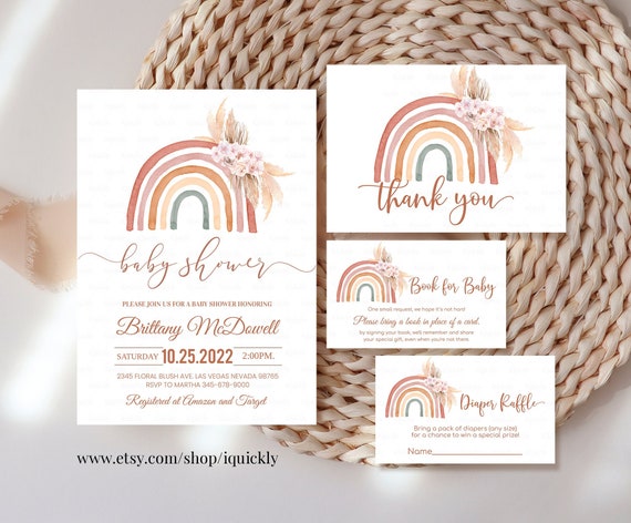 Editable Boho Rainbow Baby Shower Invitation Bundle Pink Pampas Grass Boho Rainbow Shower Set ...