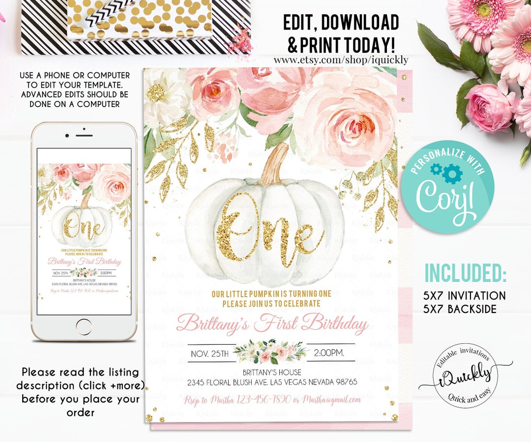 Editable Pumpkin First Birthday Invitation, Little Pumpkin Invitations ...
