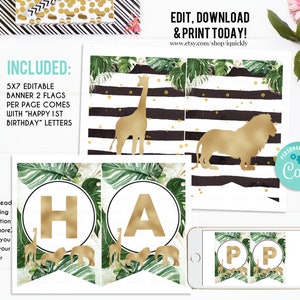 Editable Jungle Gold Party Decorations, Boy Young Wild and Three Party ...