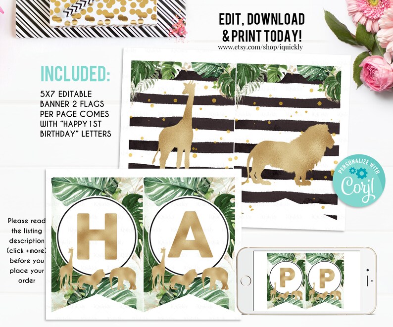 Editable Jungle Gold Party Decorations, Boy Young Wild and Three Party ...