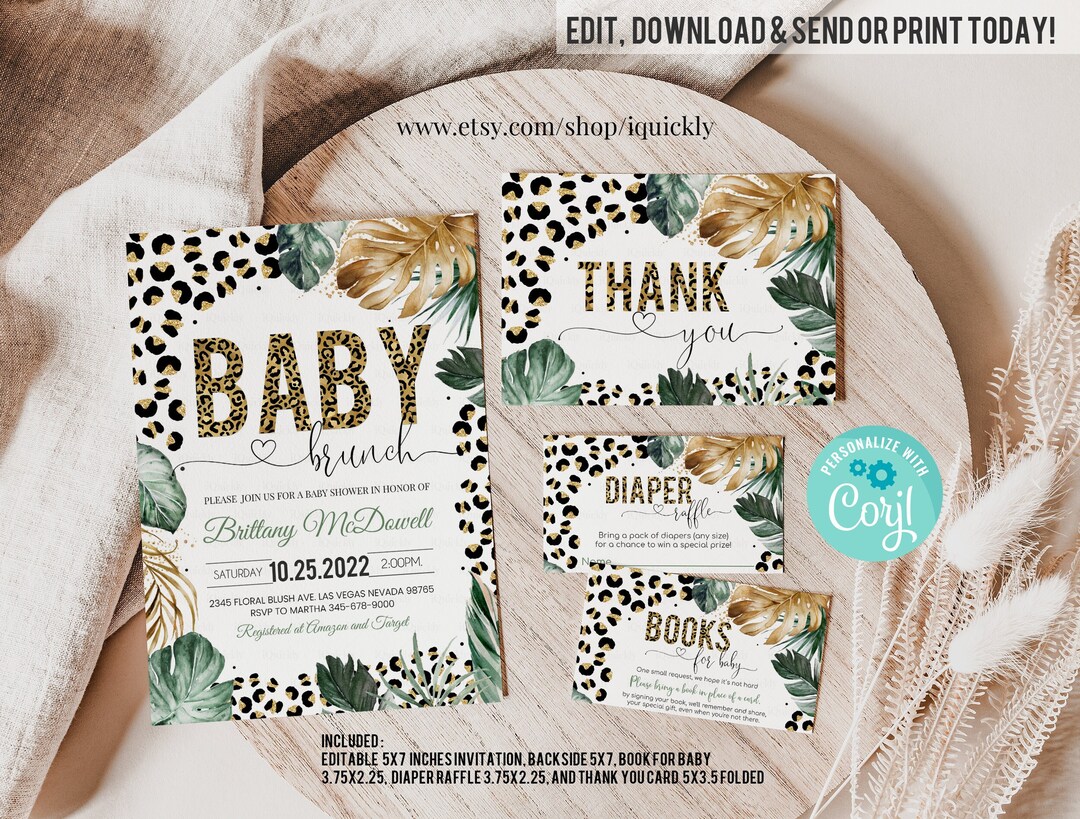 EDITABLE Leopard Print Baby Shower Invitations Set Boy Leopard Baby ...