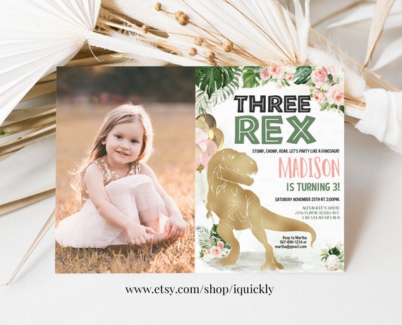 Editable Three Rex Invitation Girl, Dinosaur birthday invitation,Three ...