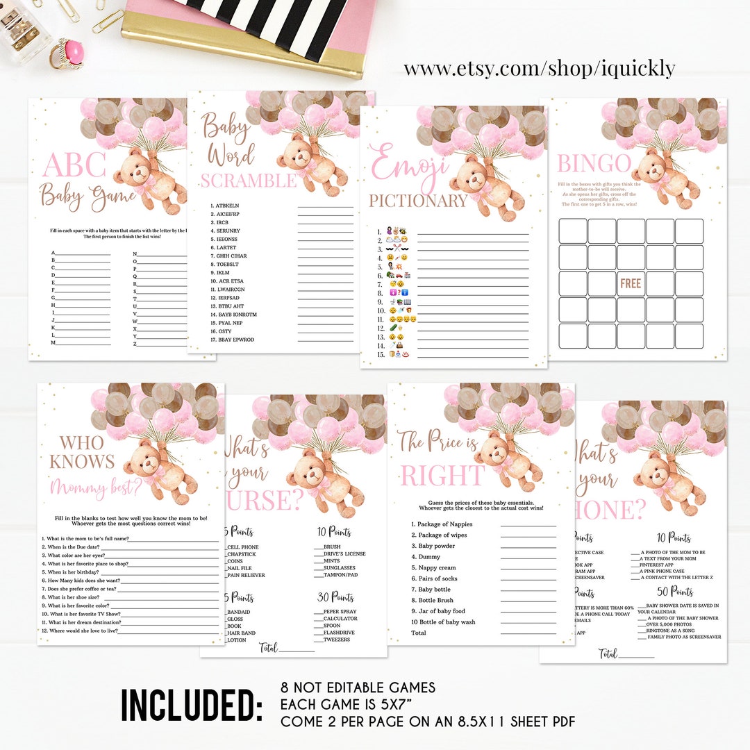 Teddy Bear Baby Shower Games,girl Baby Shower Game Bundle,bear Themed ...