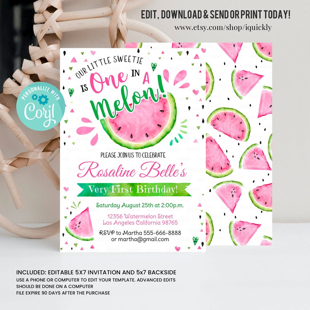 Editable Watermelon Invitation, Birthday Invitations, Pink Watermelon ...