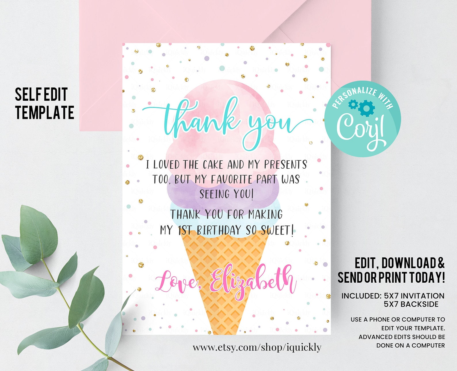 Editable Ice Cream Birthday Thank You Card Here's the - Etsy