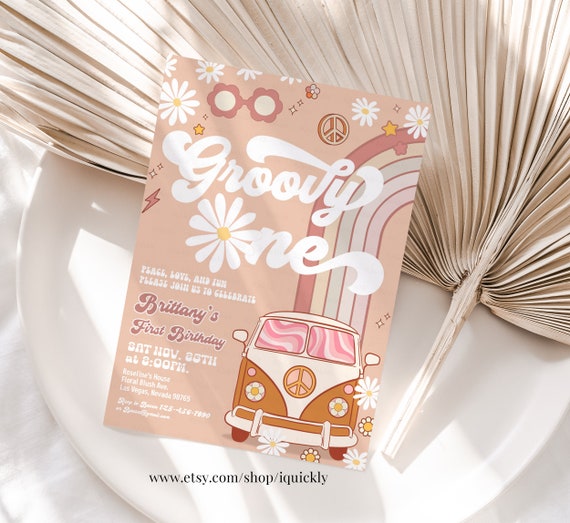 Editable Groovy ONE Birthday invitation Pink Daisy Rainbow Groovy Van ...