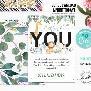 EDITABLE Safari Thank You Card, Jungle First Birthday Note Card, Wild ...
