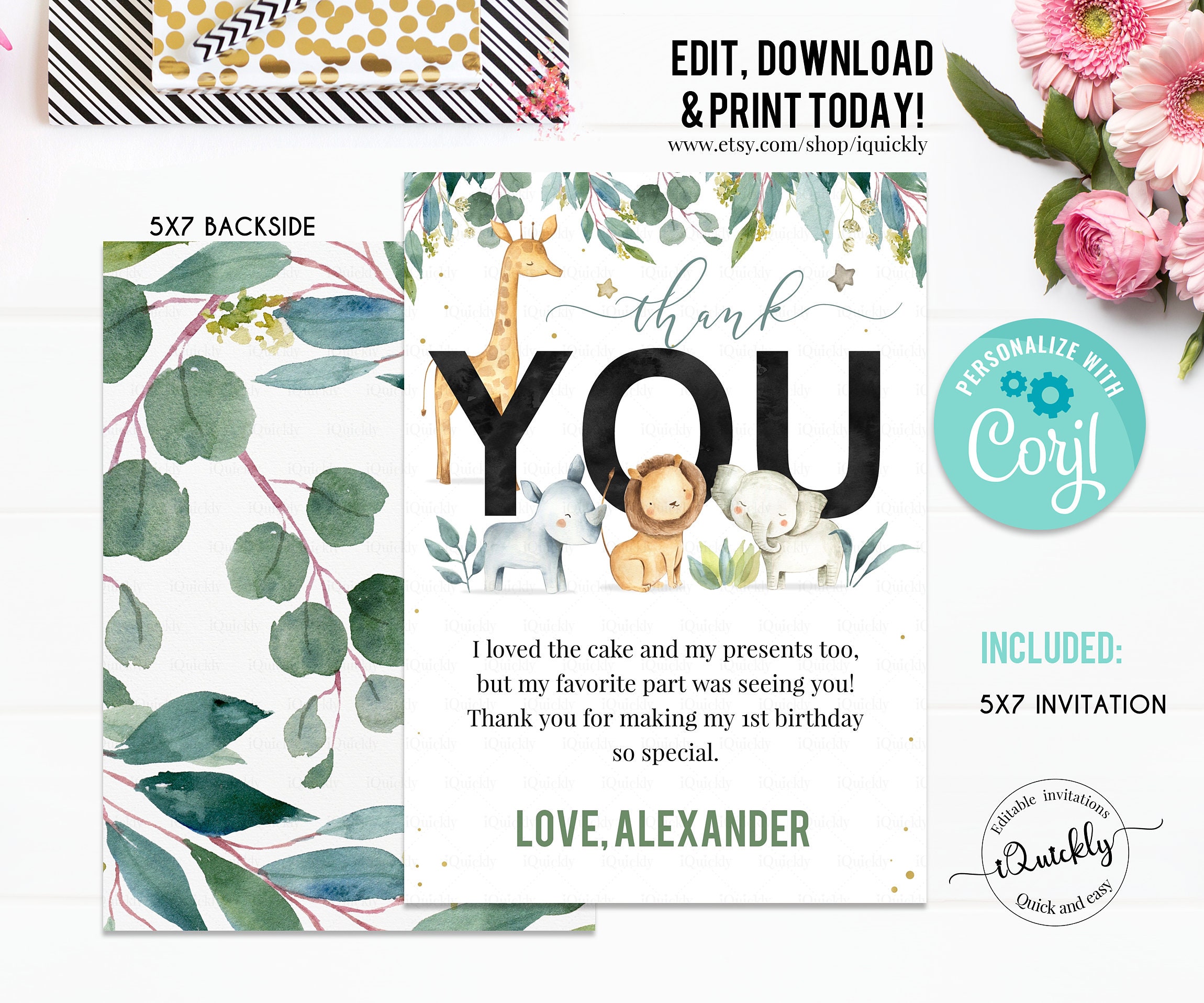 EDITABLE Safari Thank you card Jungle First Birthday Note | Etsy