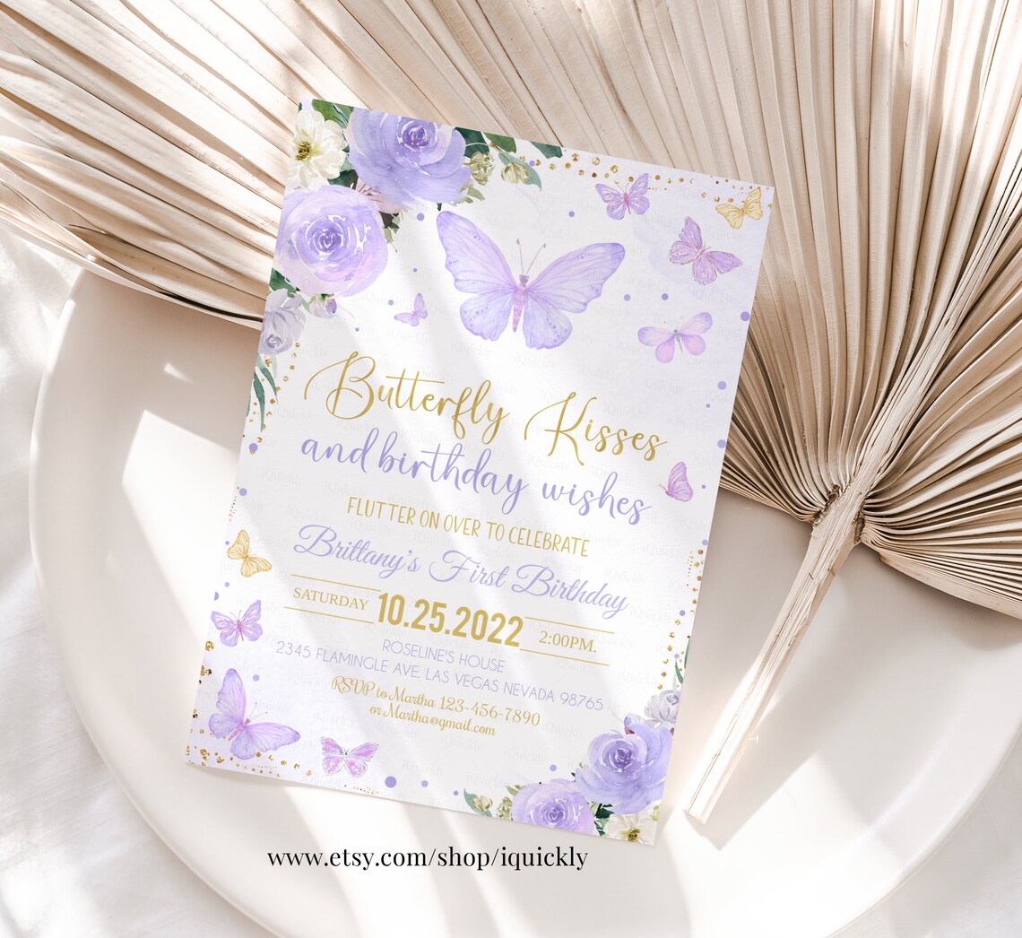 Editable Purple Butterfly Birthday Invitation Girl 1st - Etsy