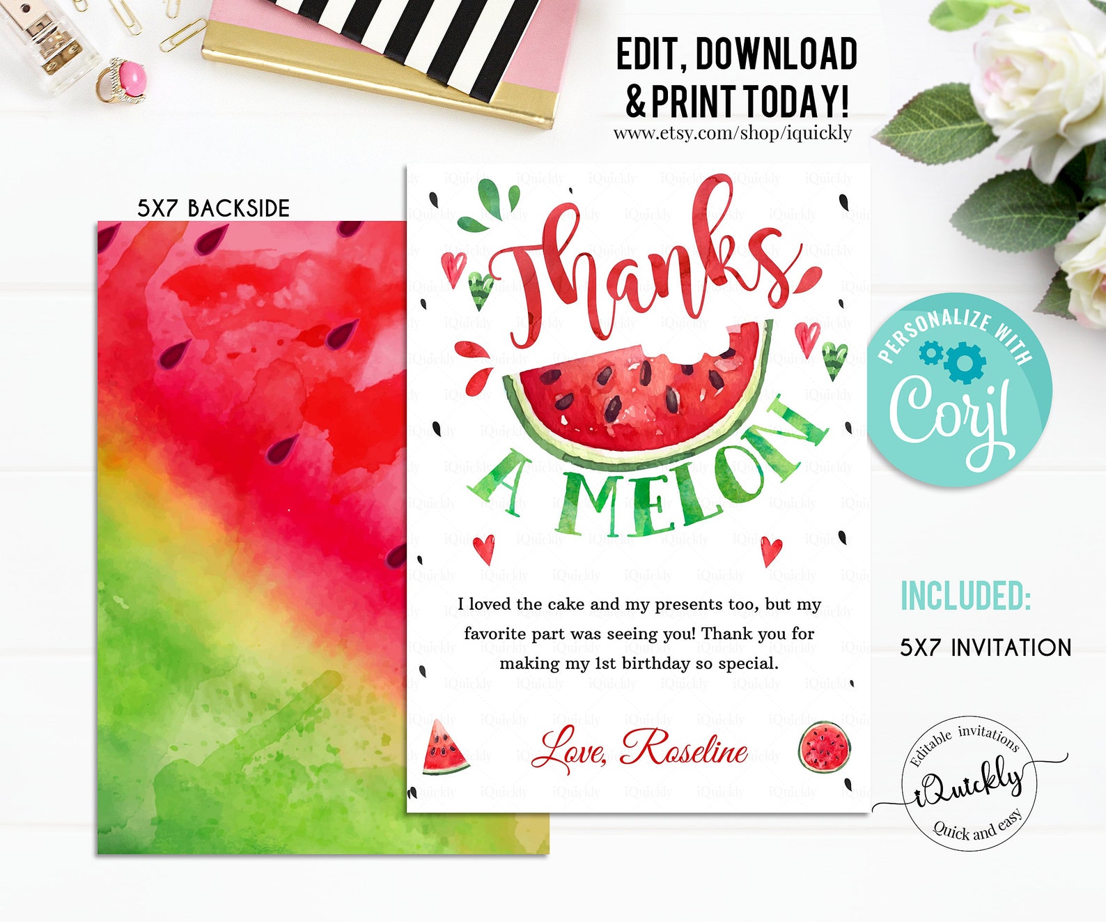 EDITABLE Watermelon Thank You Card, Red One in a Melon Note Card ...