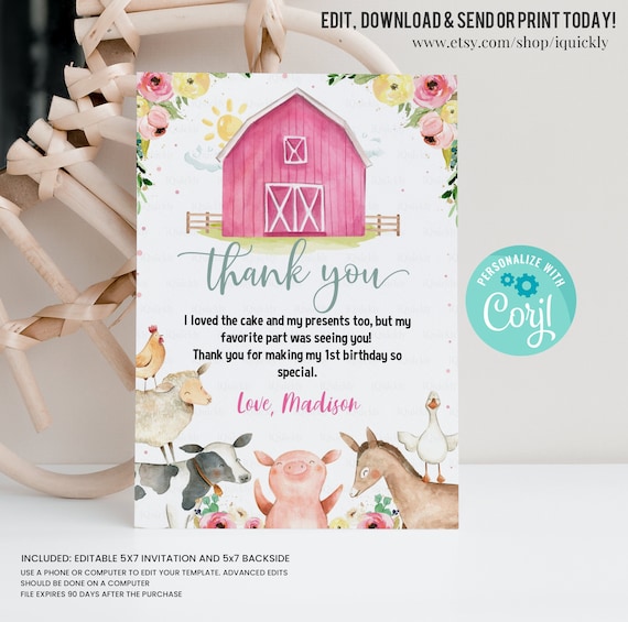 EDITABLE Farm Thank you card, Barnyard First Birthday Note card, Farm ...