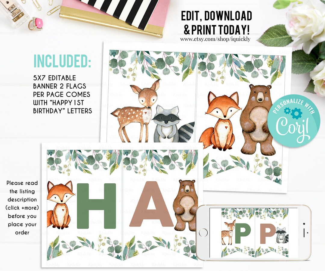 EDITABLE Woodland Banner, Wild One Birthday Banner Printable 1st ...