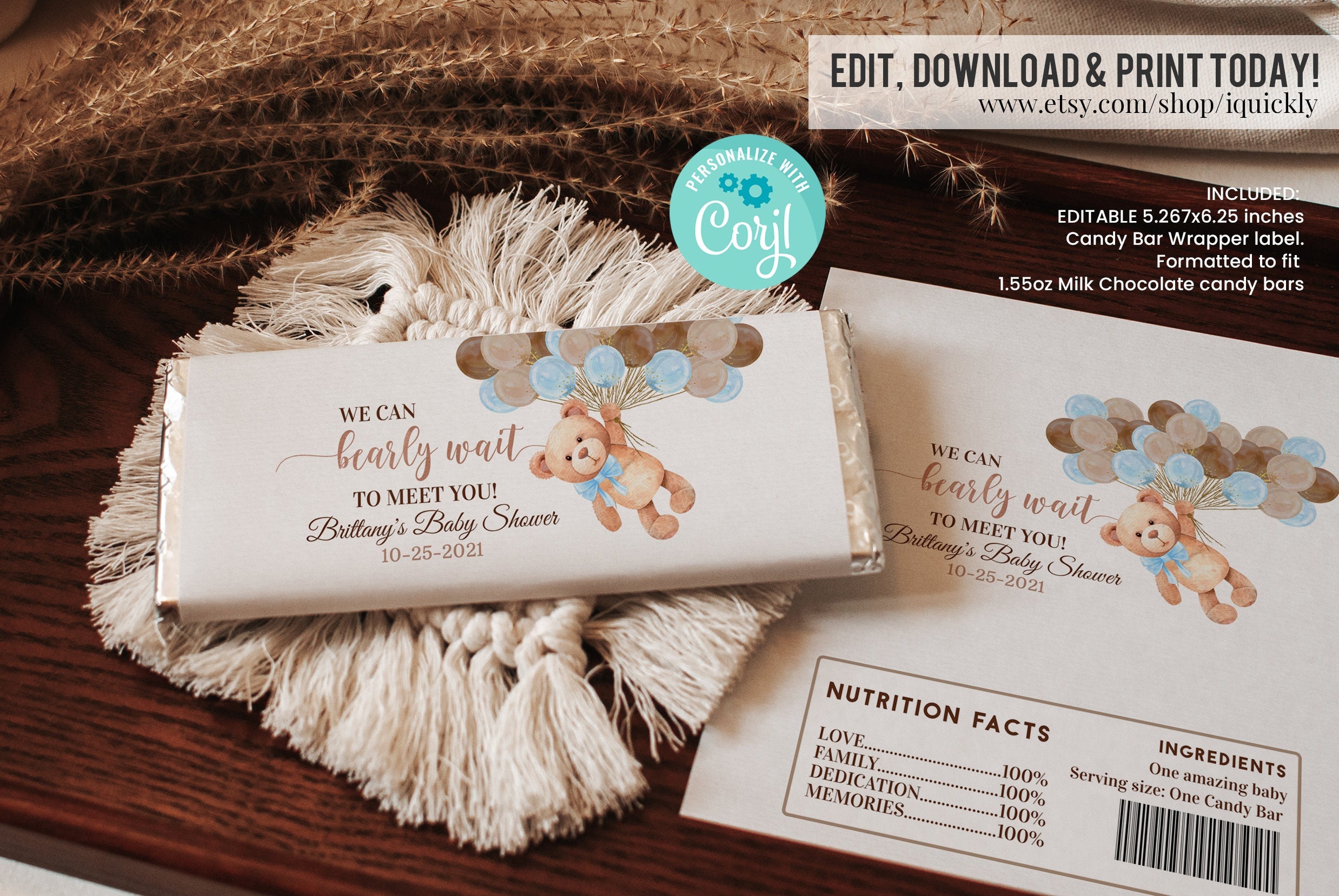 EDITABLE Teddy Bear Candy Bar Wrapper Chocolate Bar Wrappers Baby ...