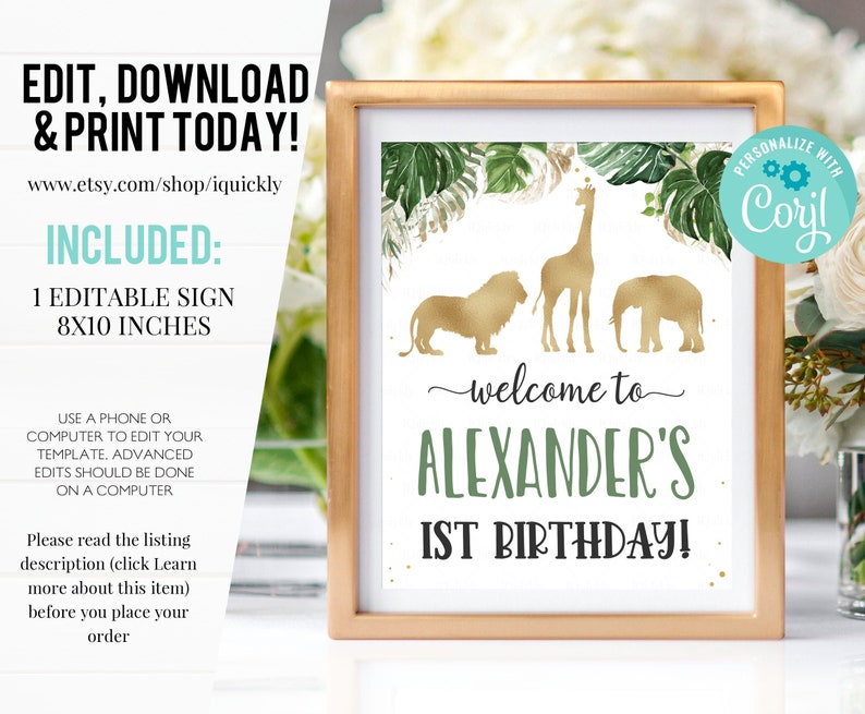 Editable Jungle Gold Welcome Sign Party Animal Sign Zoo Safari Welcome ...
