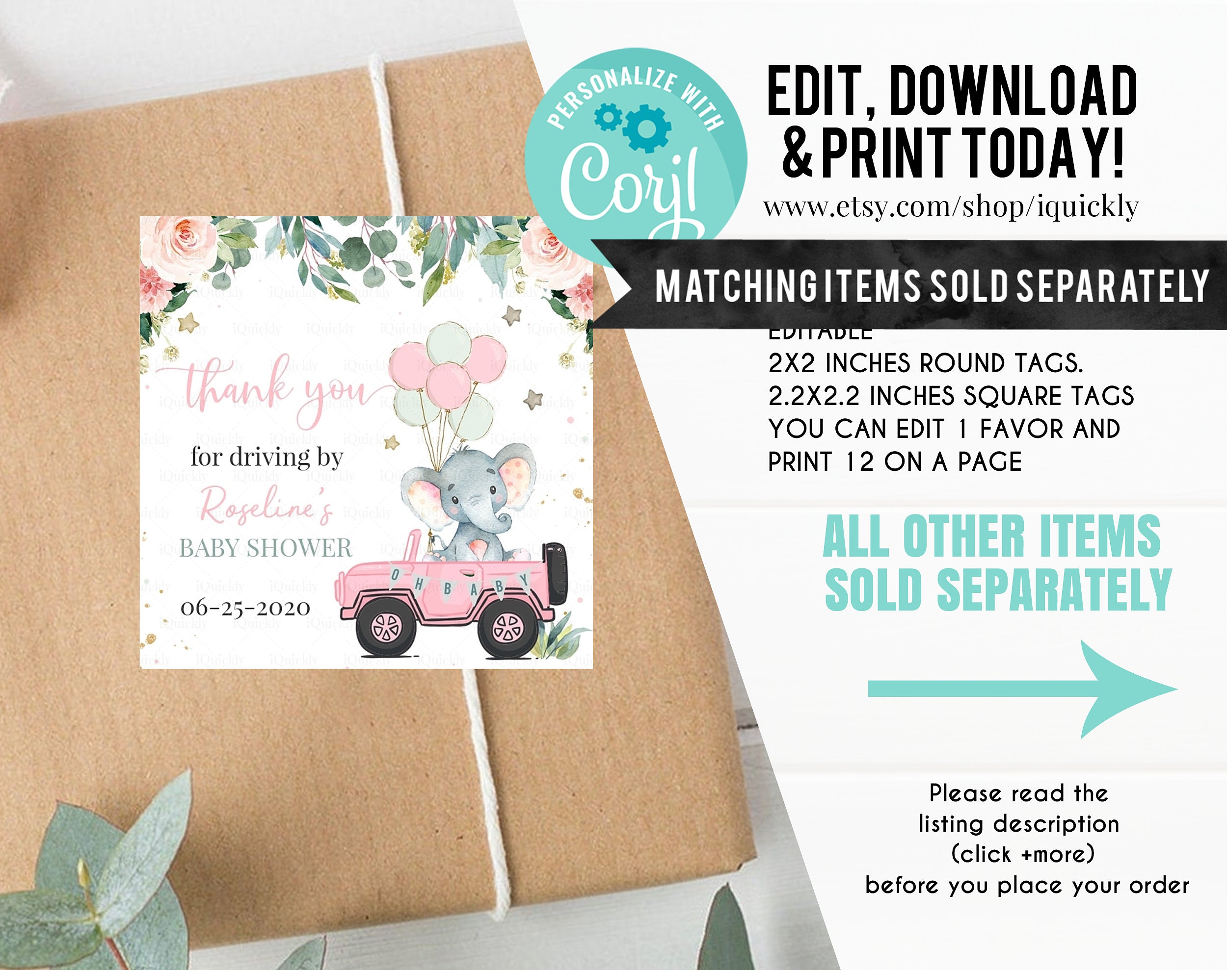Editable Drive by Baby Shower Favor Tag Elephant Drive Through - Etsy