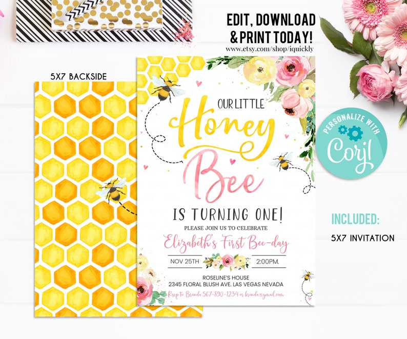 Editable Bee Birthday Invitation Honey Bee Birthday Party Bee 1st ...