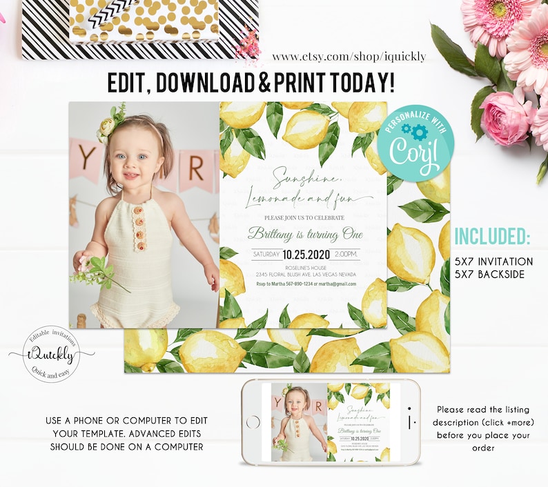 EDITABLE Lemon Birthday Invitation Photo Sunshine Lemonade and - Etsy