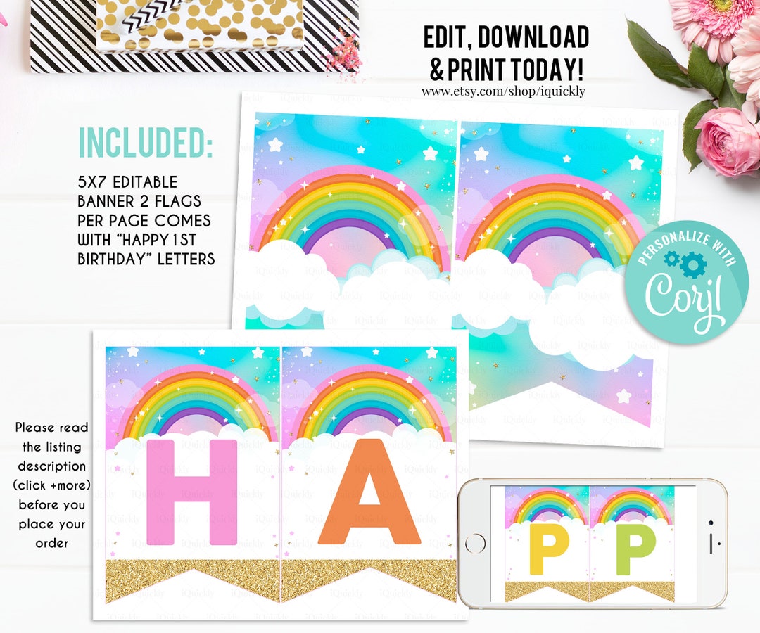 EDITABLE Rainbow Banner, Girl Happy Birthday Banner, Printable 1st ...