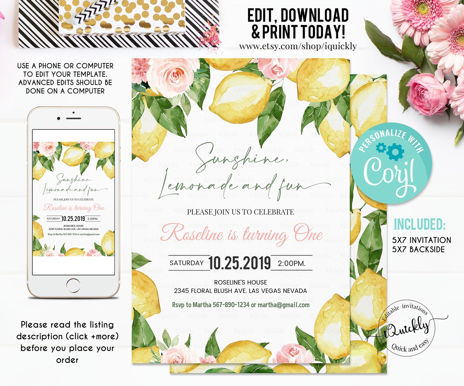 EDITABLE Lemon Birthday Invitation, Sunshine Lemonade and Fun, Citrus ...