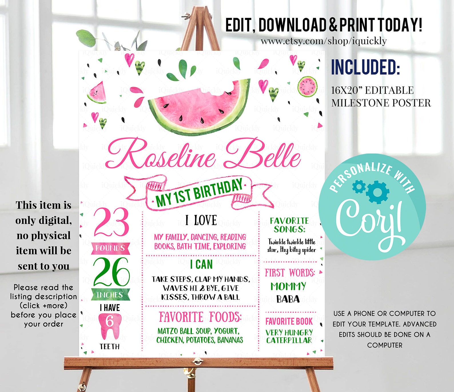 Watermelon Milestone Birthday Poster EDITABLE First Birthday - Etsy