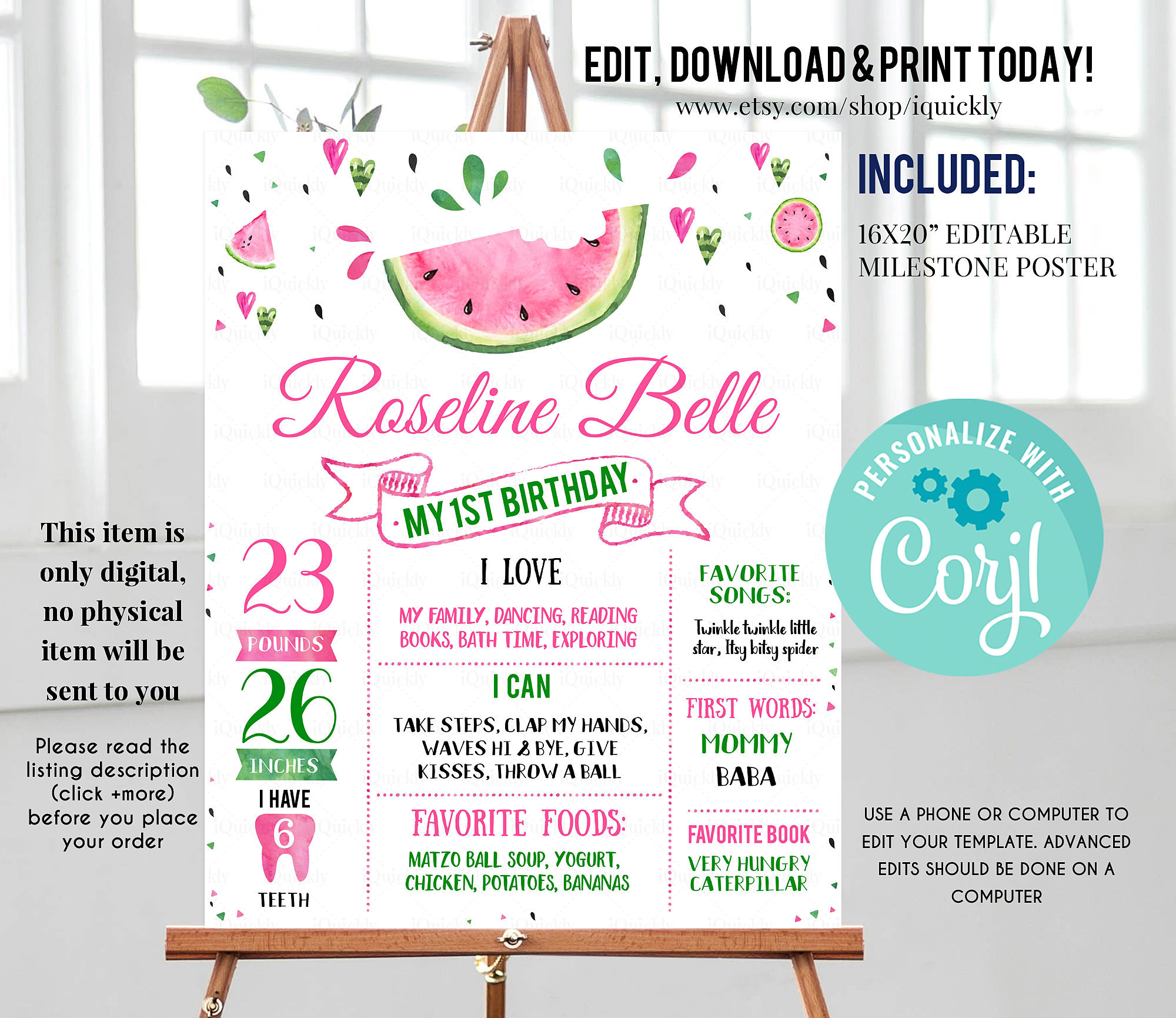 Watermelon Milestone Birthday Poster, EDITABLE First Birthday ...