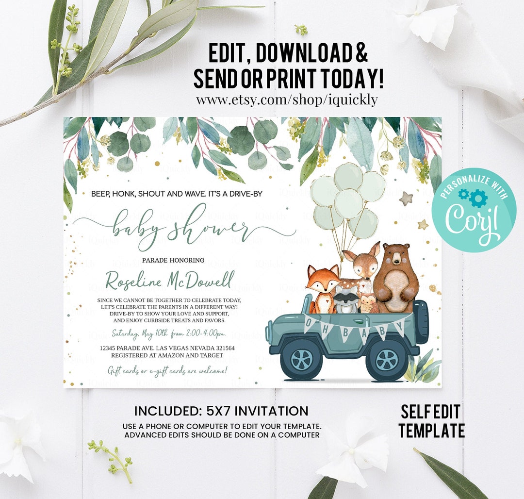 Editable Drive by Baby Shower Invitation Woodland Animal Drive Through ...