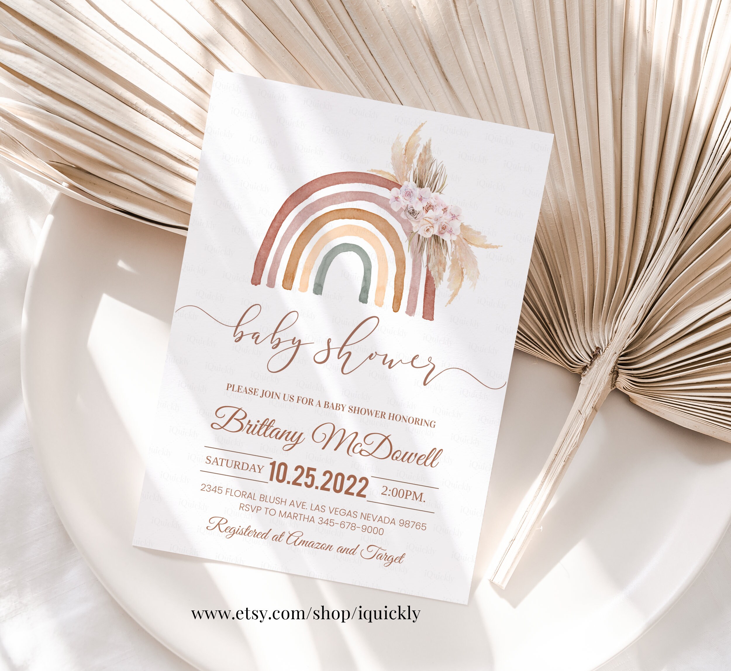 Editable Boho Rainbow Baby Shower Invitation Pink Pampas Grass Boho ...