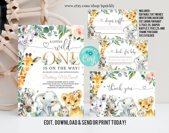 EDITABLE Wild One Safari Baby Shower Invitations Set, Girl Wild One ...