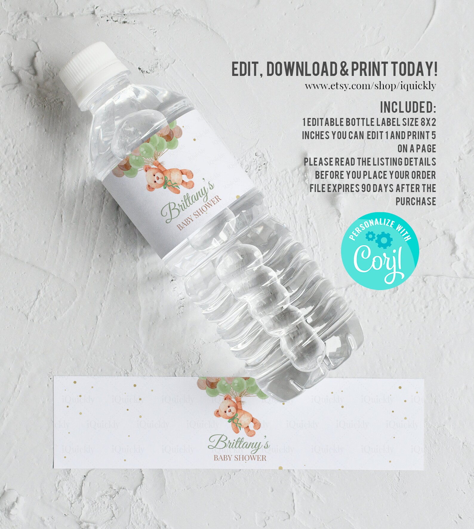 EDITABLE Teddy Bear Baby Shower Water Bottle Label, Boy Baby Shower ...