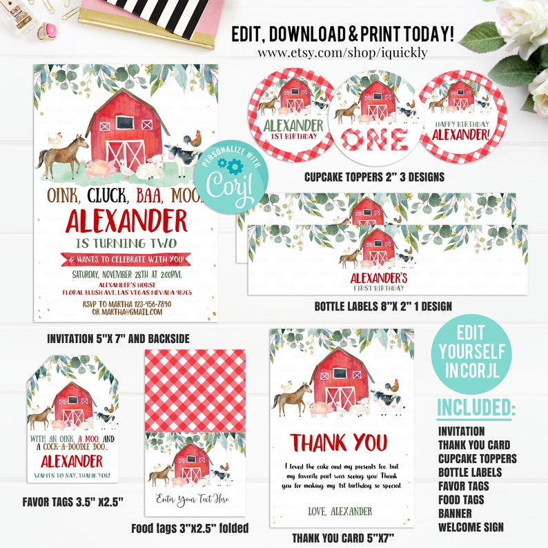 Editable Farm Party Decorations, Barnyard Party Package Birthday ...
