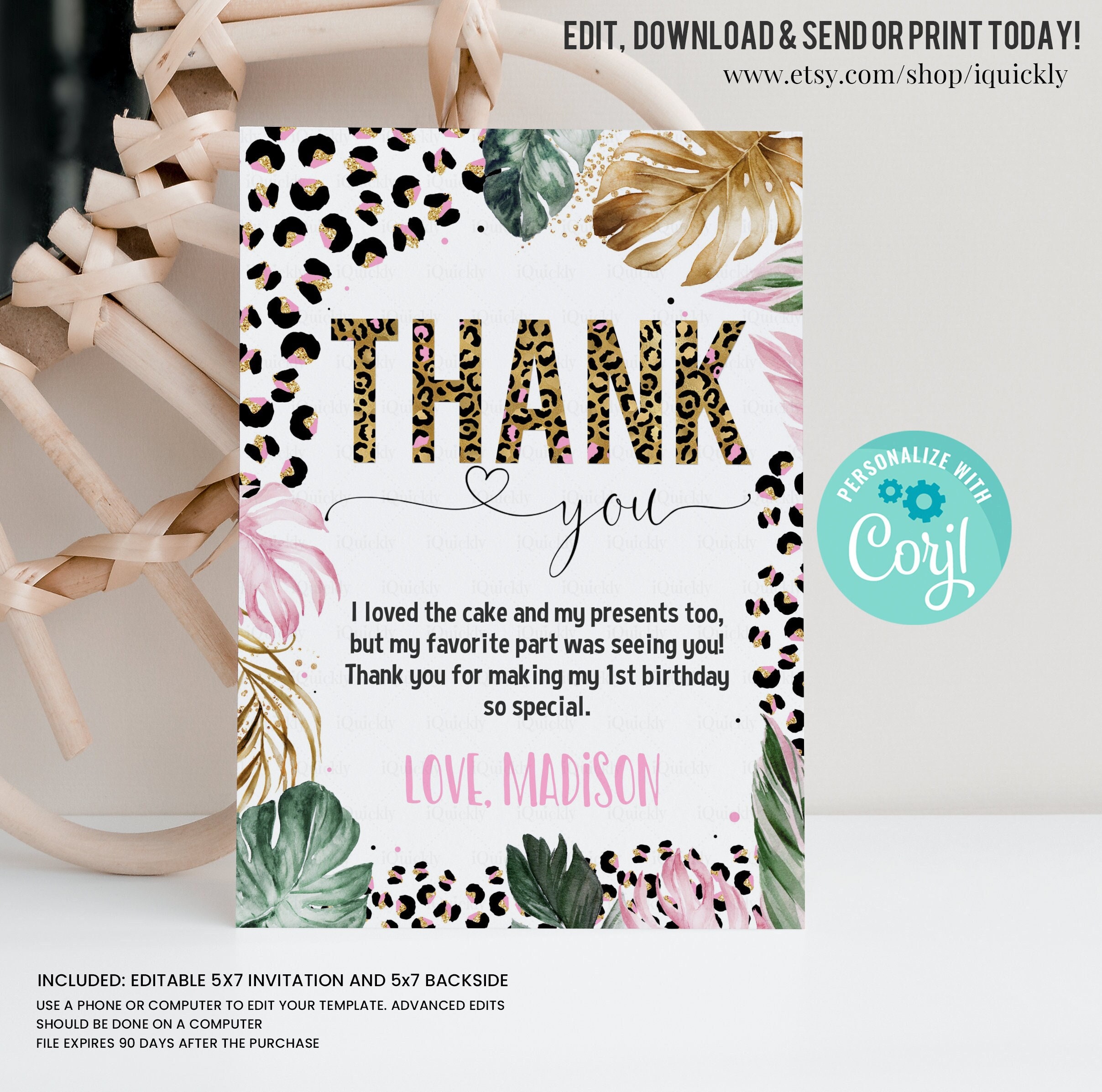 Editable Wild One Leopard Print Thank You Card Jungle Birthday - Etsy