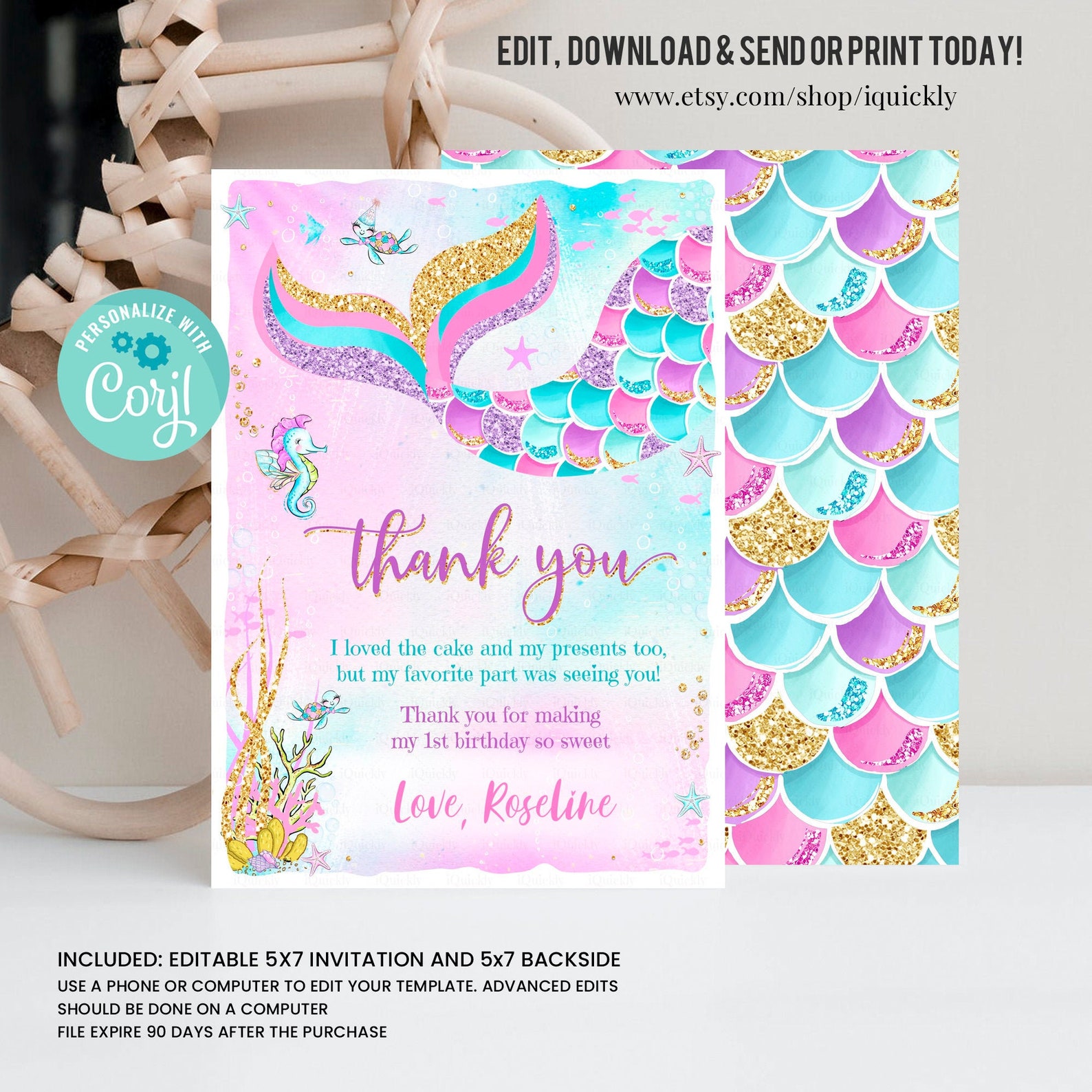 Editable Mermaid Birthday Thank You Card Mermaid Thank You Note, Under ...