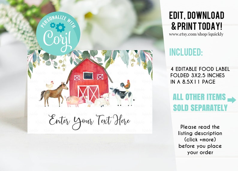 EDITABLE Farm Food Tags, Buffet Label Baby Shower, Tent Card Food ...