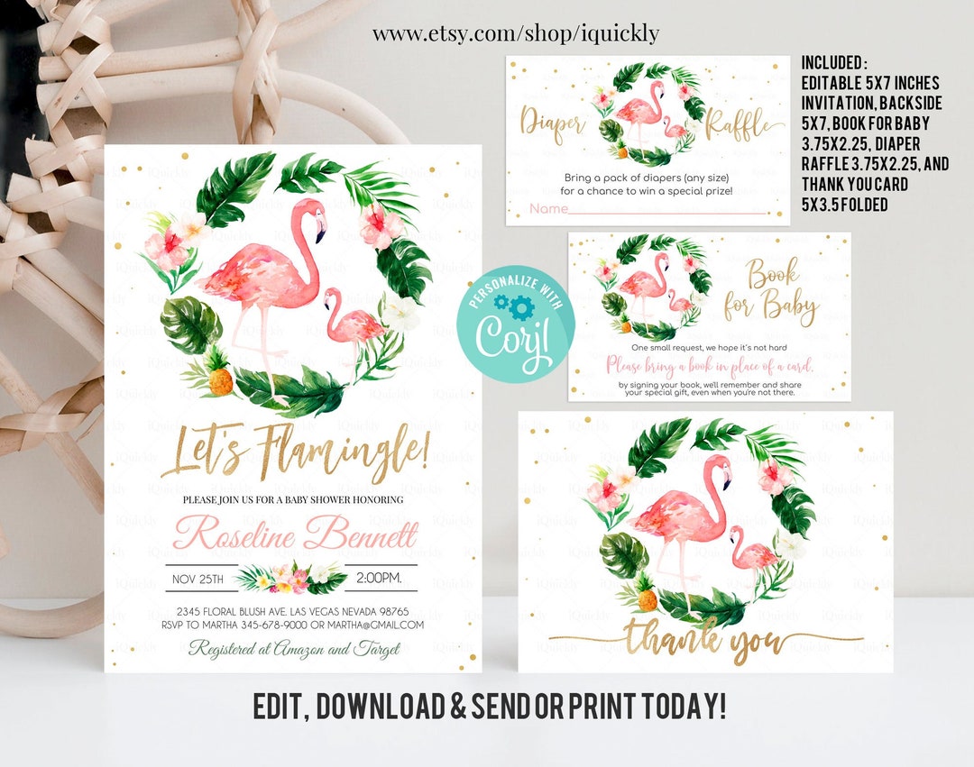 Editable Flamingo Baby Shower Bundle, Lets Flamingle Invitation Set ...
