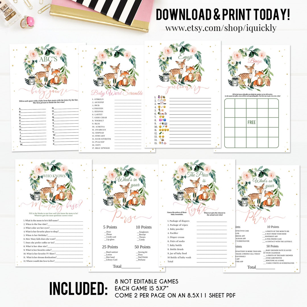 Woodland Baby Shower Games, Girl Baby Shower Game Bundle, Bingo the ...