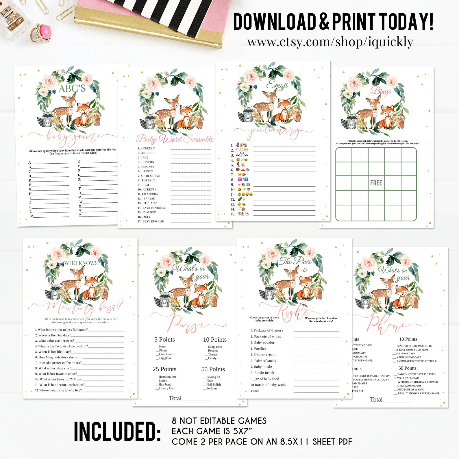 Woodland Baby Shower Games, Girl Baby Shower Game Bundle, Bingo the ...