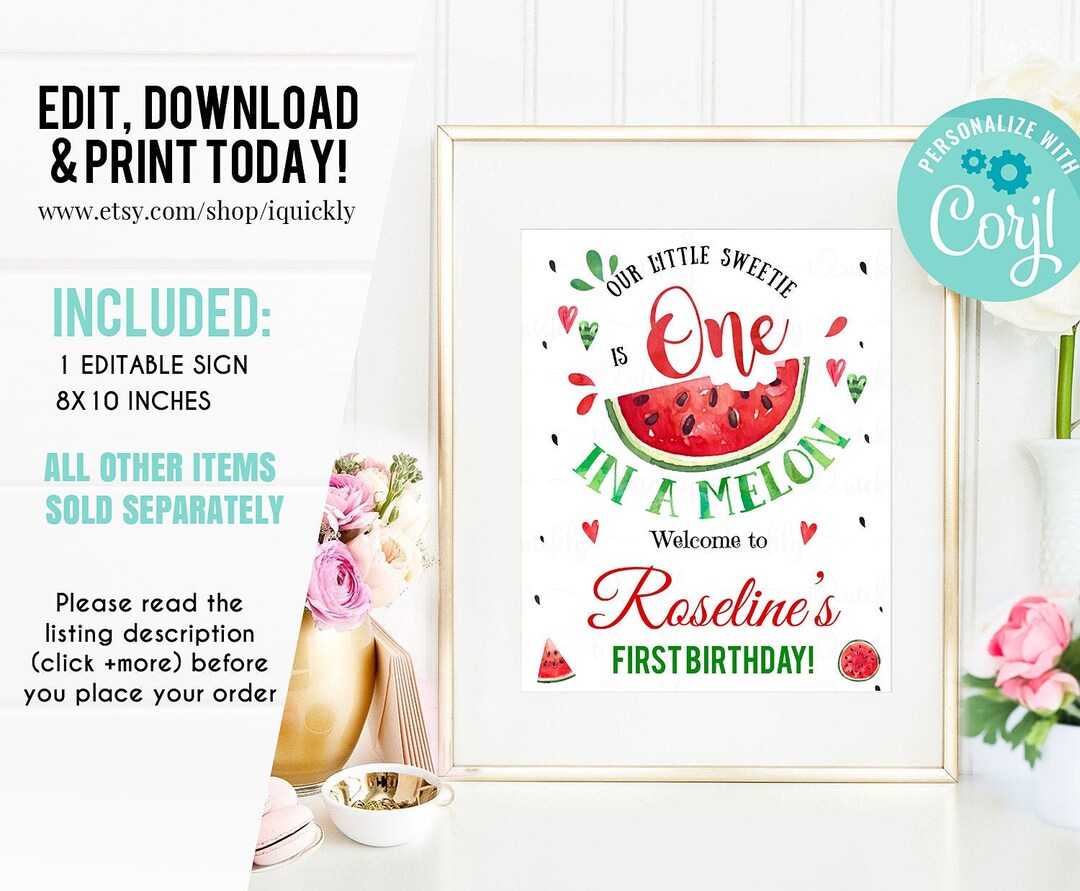 EDITABLE Watermelon Birthday Party Welcome Sign, Red One in a Melon ...