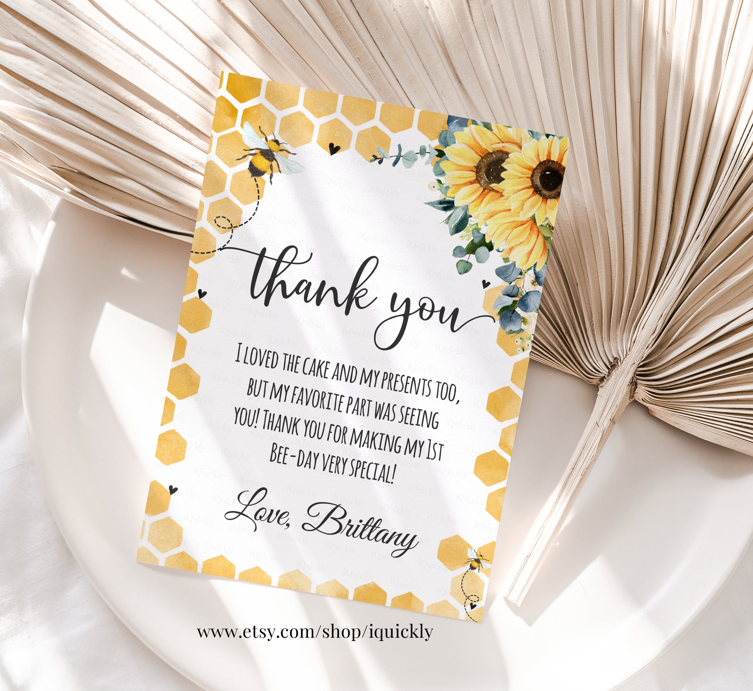 Editable Bee Birthday Thank You Card Honey Bee Sunflower Note - Etsy ...