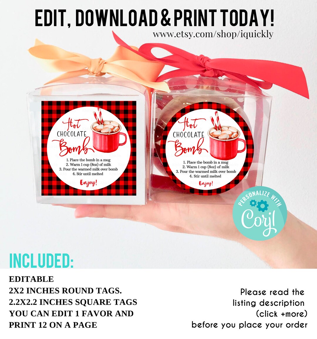Editable Hot Chocolate Bomb Label Red Gingham Hot Cocoa Bombs ...