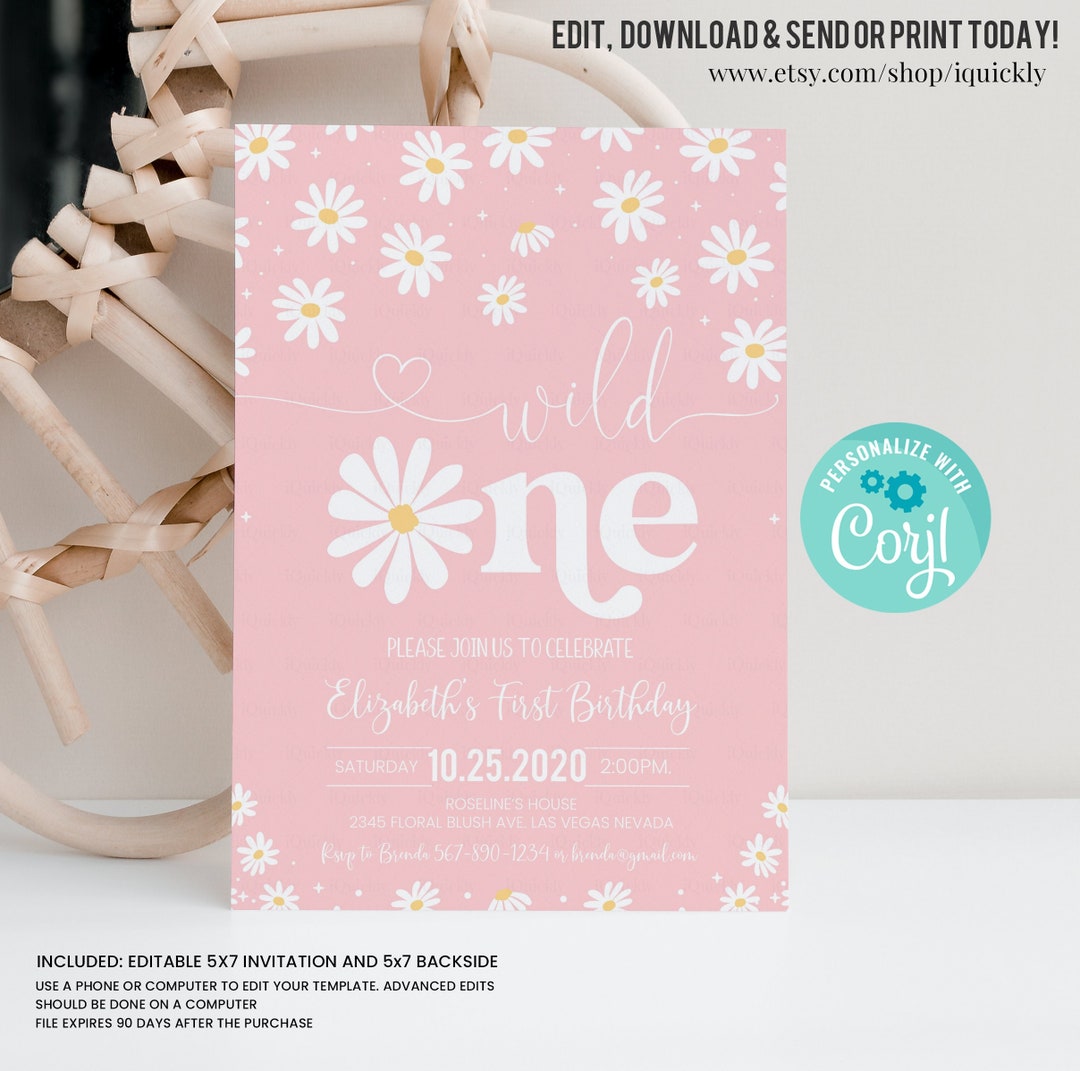 Editable Retro Daisy First Birthday Party Invitations Boho Daisy Wild ...