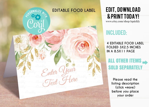 EDITABLE Blush Pink Floral Food tags, Buffet label, Tent card Food ...